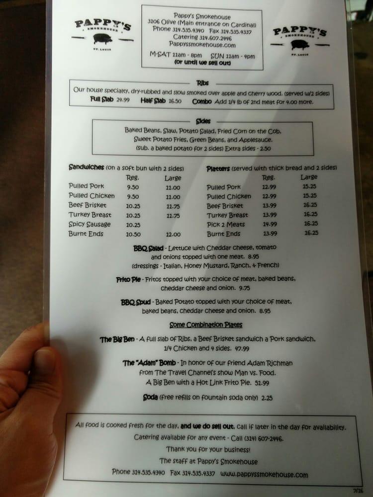 Menu at Pappy's Smokehouse BBQ, St. Louis