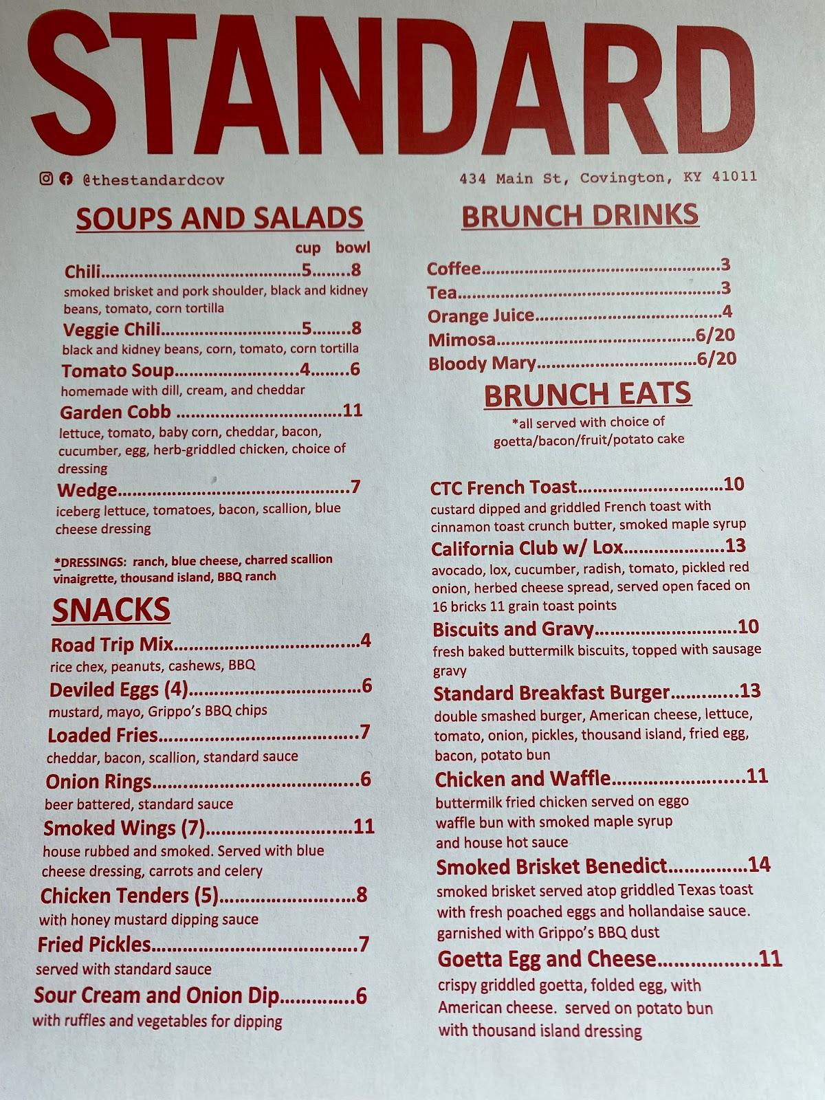 Menu at The Standard Covington pub & bar, Covington