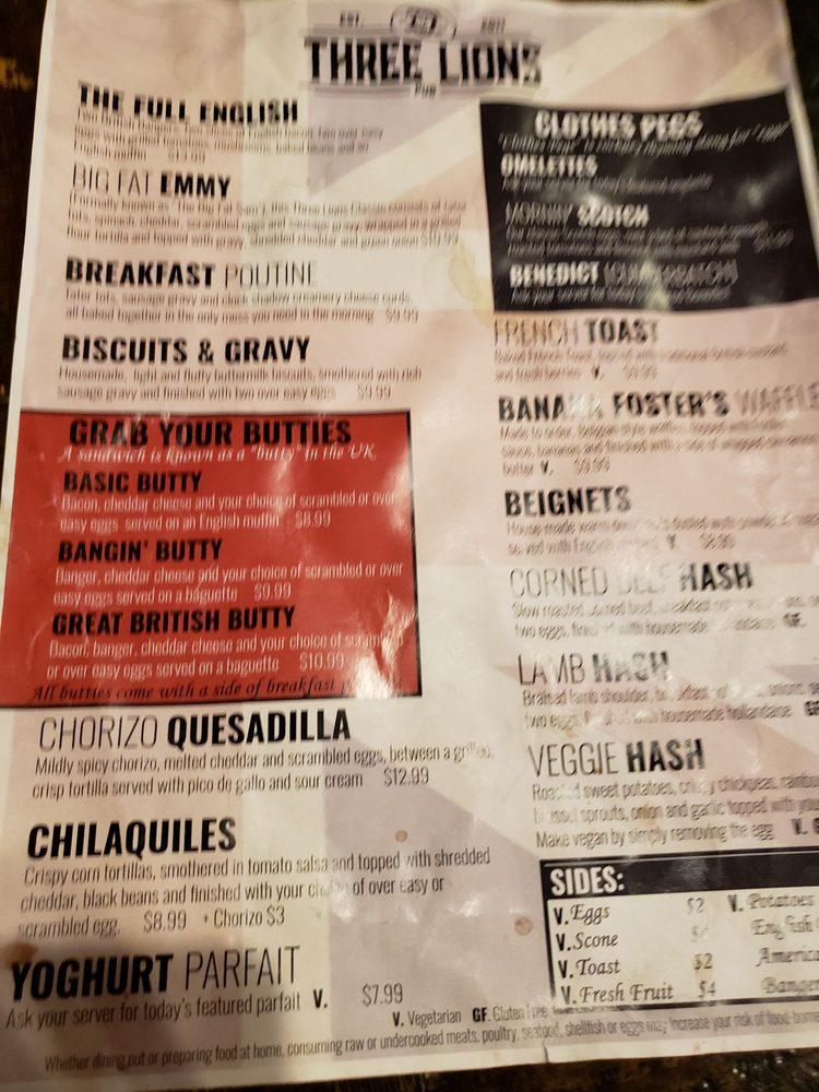 Menu at Three Lions Pub, Shorewood