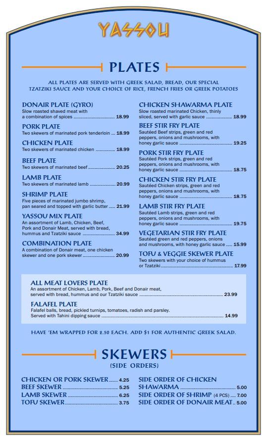 Menu at Yassou Souvlaki & Donair fast food, Fredericton