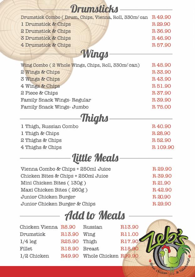 Menu at Zeb's Braai Chicken and Takeaways restaurant, Malmesbury