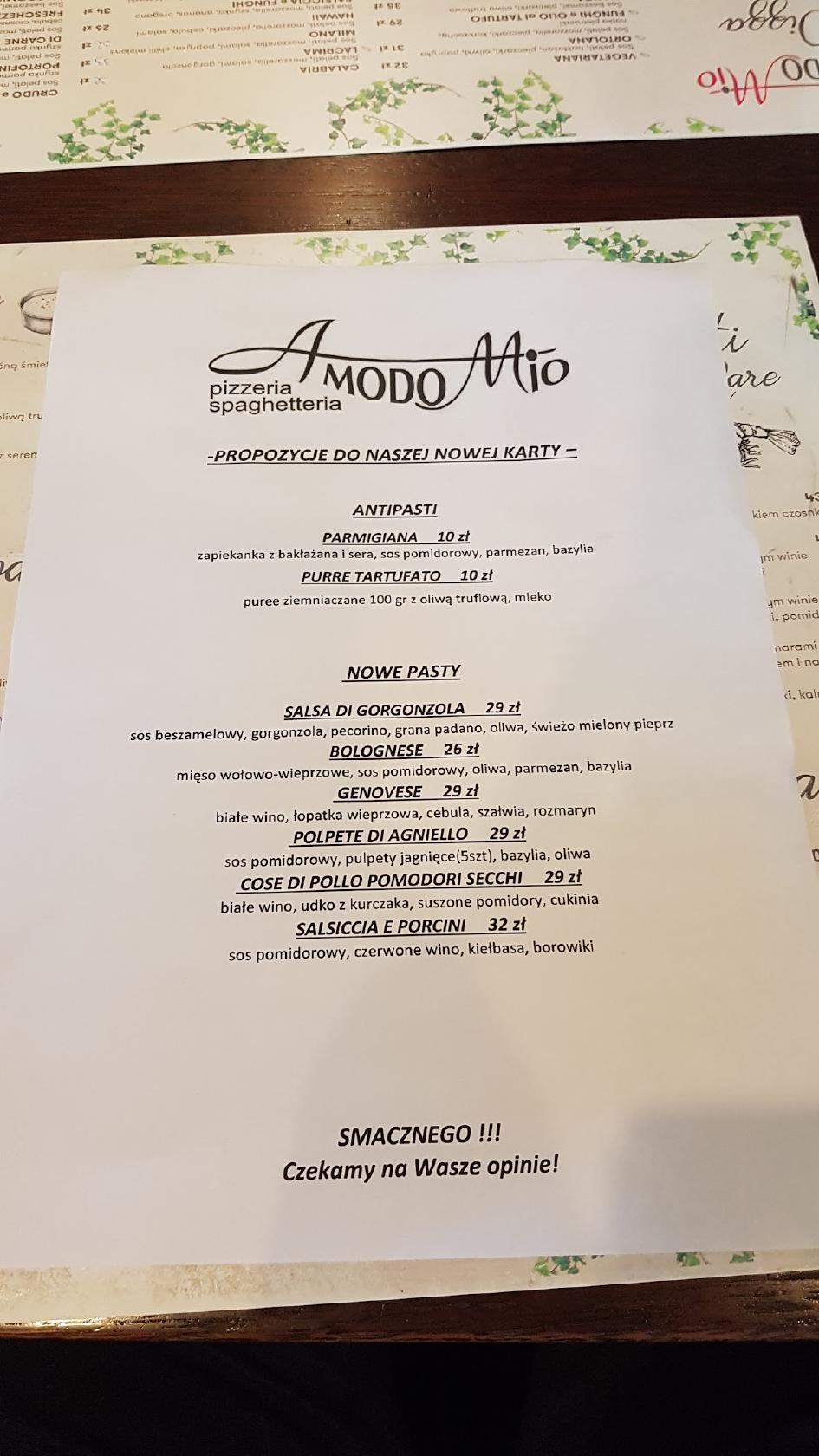 Menu at A Modo Mio pizzeria, Warsaw