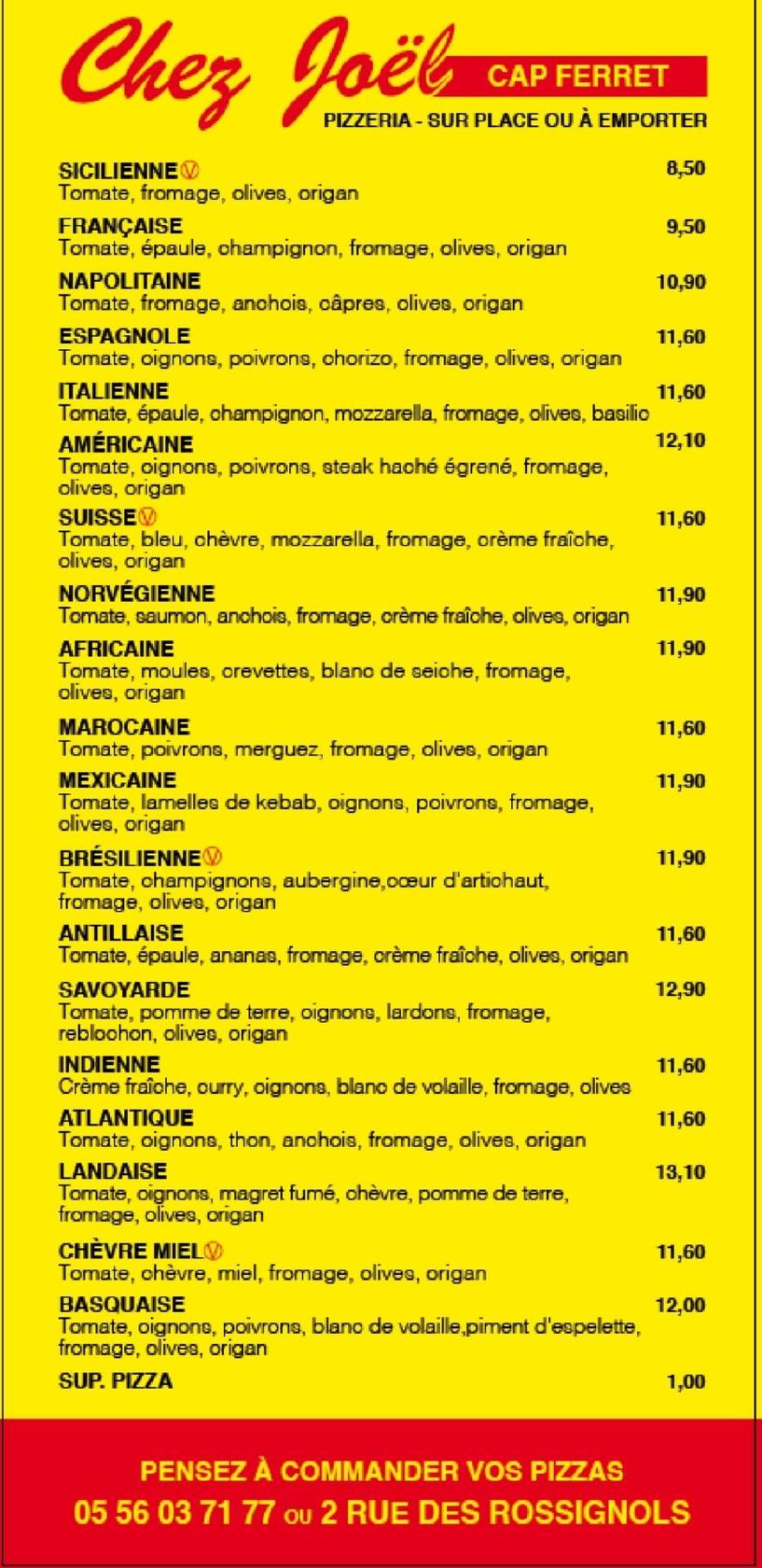 Menu at Chez Joël restaurant, Lège-Cap-Ferret