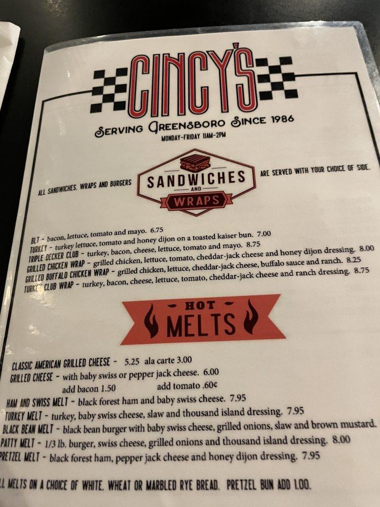 Menu at Cincy's Downtown restaurant, Greensboro