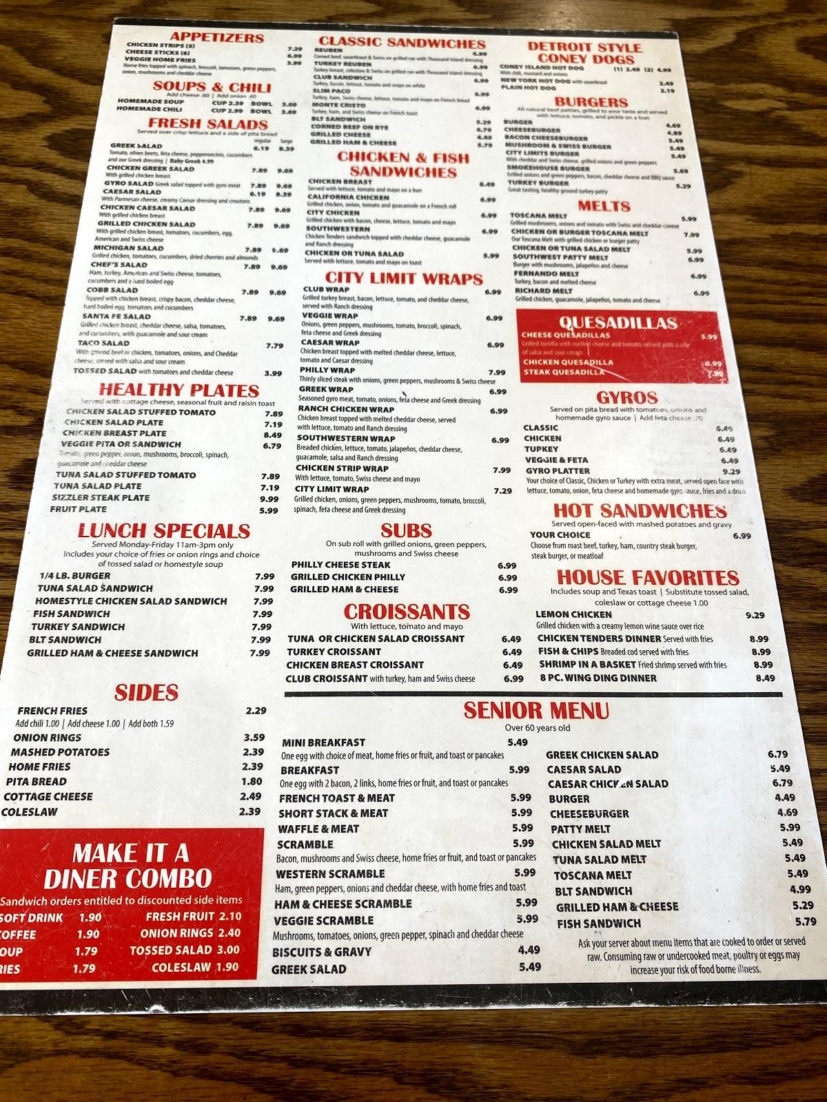 Menu at City Limits Diner restaurant, Saline