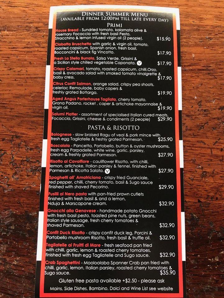 Menu at Fratellini Ristorante Italiano restaurant, Sunshine Beach
