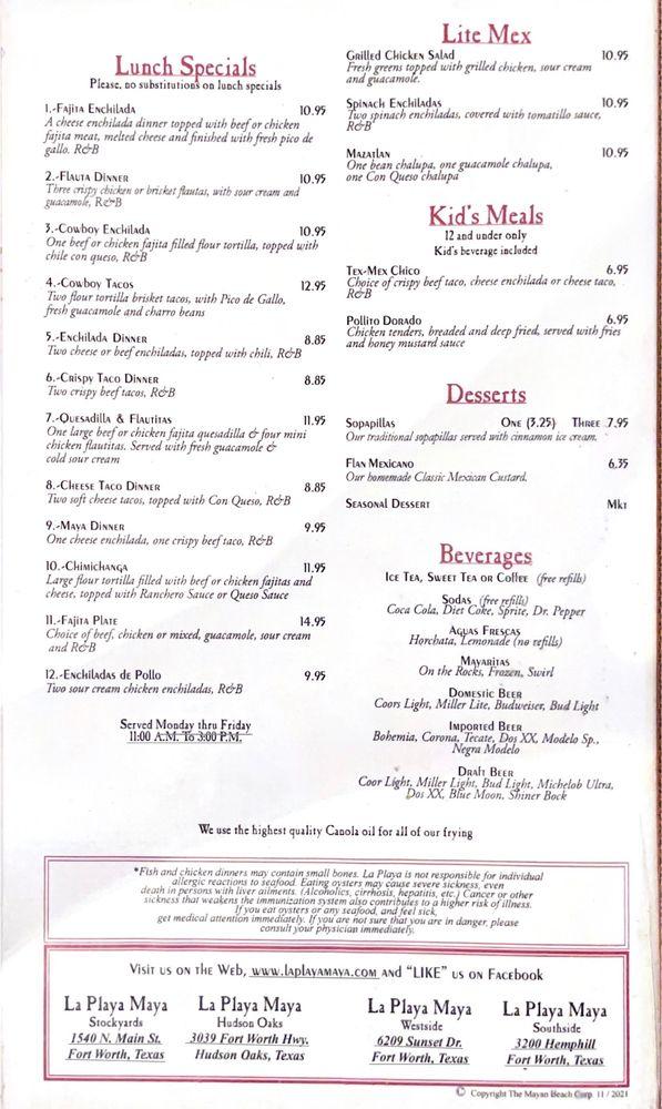 Menu at La Playa Maya Hudson Oaks restaurant, Hudson Oaks, Fort Worth Hwy