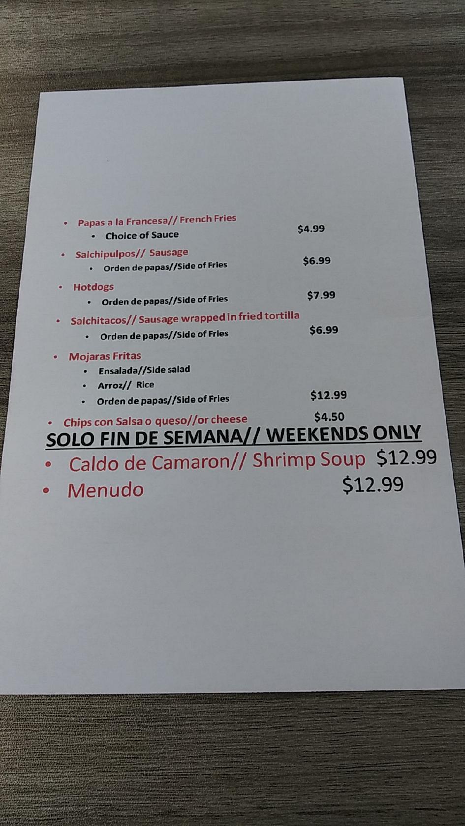 Menu at Mariana's Tacos Y Paletas restaurant, Springfield