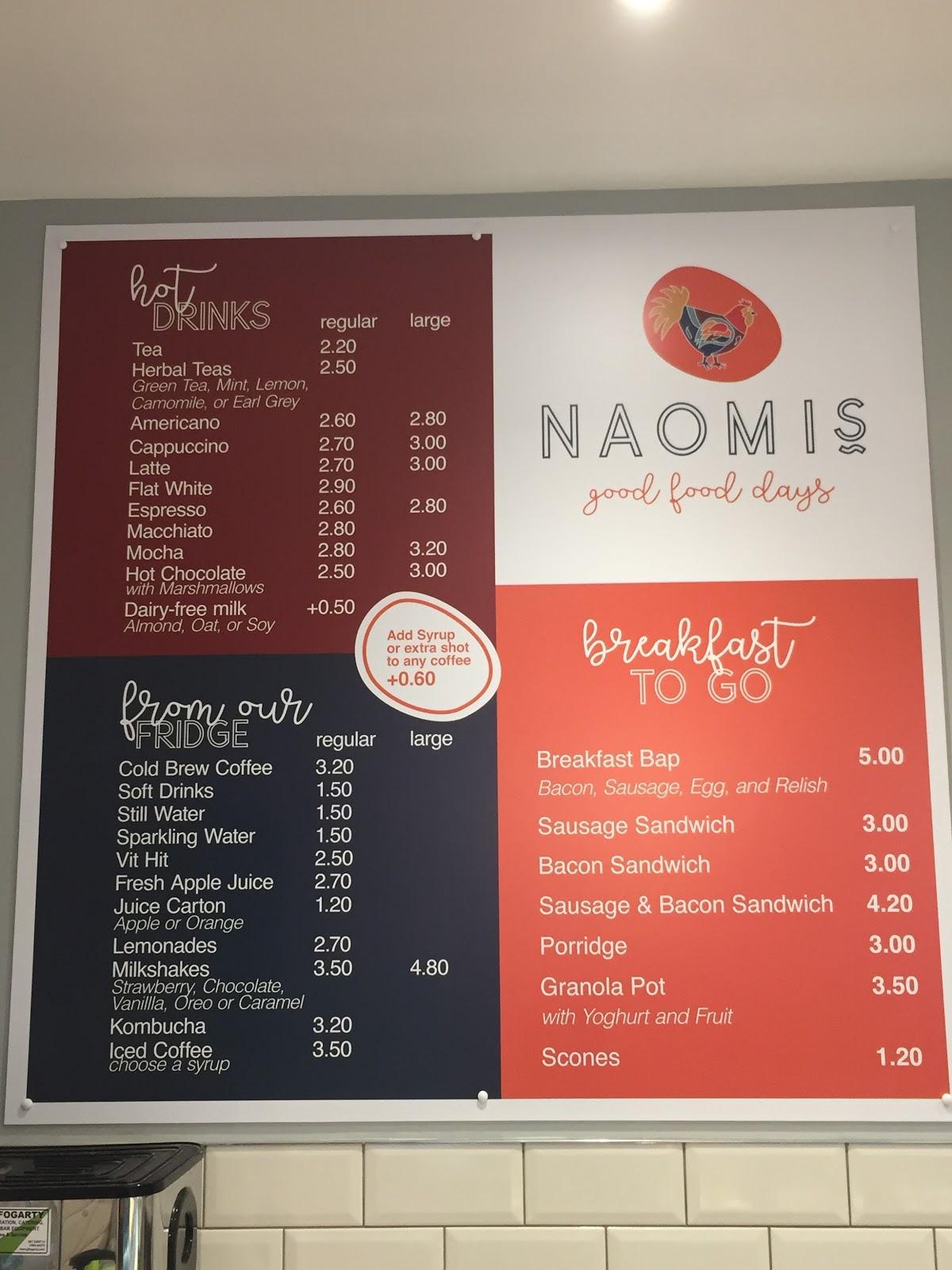 Menu at Naomi's Cafe, Thurles
