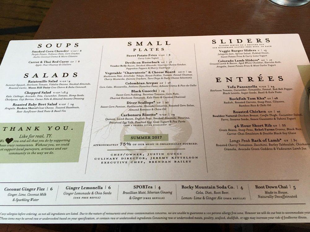 Menu at Root Down restaurant, Denver, W 33rd Ave