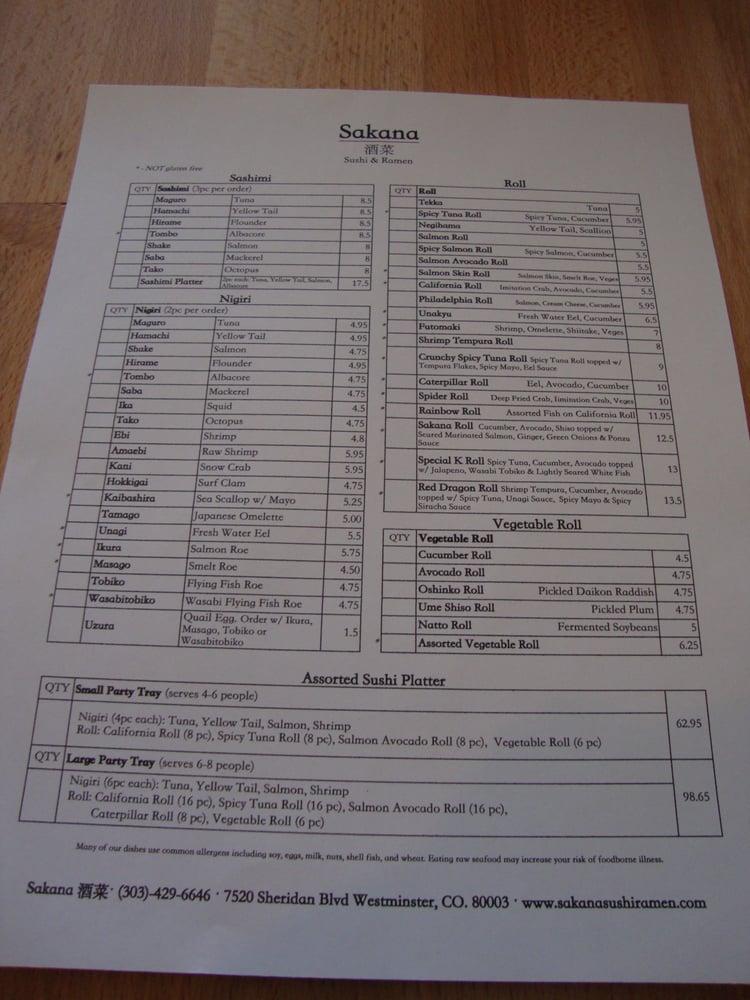 Menu at Sakana Sushi & Ramen restaurant, Westminster