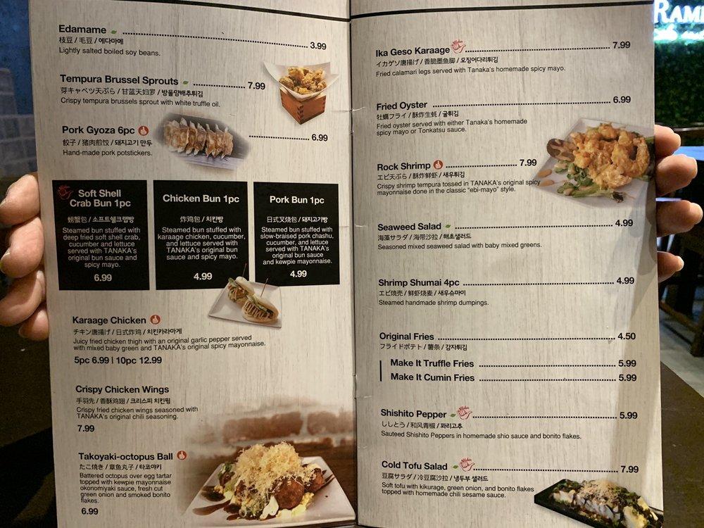 Menu at Tanaka Ramen & Izakaya restaurant, Honolulu
