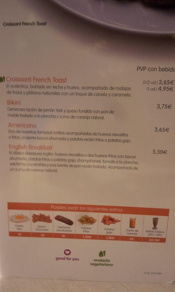 Carta de cafetería VIPS, Sevilla, Avenida República Argentina