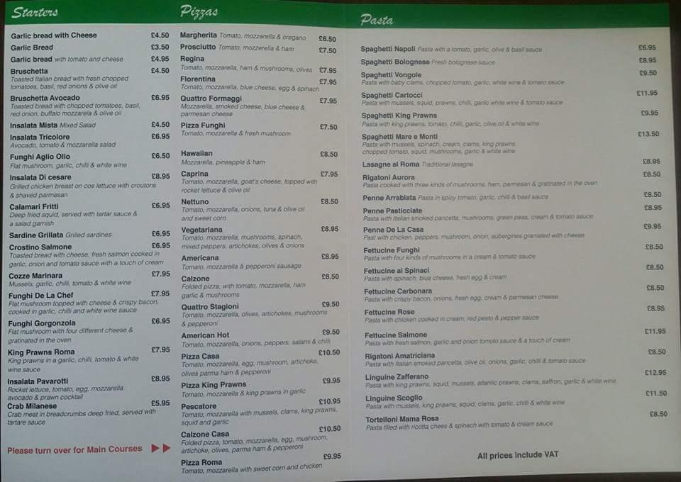 Menu at Villa Roma cafe, Crowthorne
