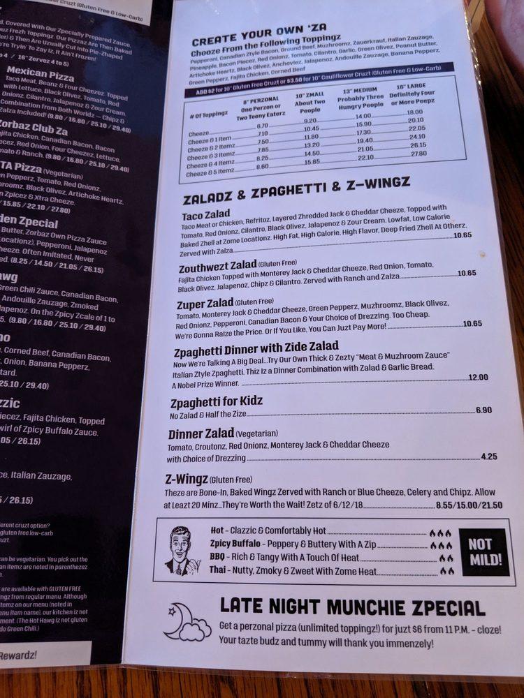 Menu at Zorbaz pub & bar, Spicer