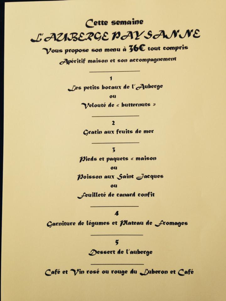Menu au Auberge La Table Paysanne restaurant, Robion