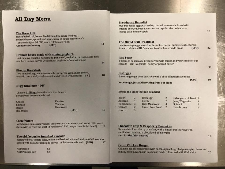 Menu at Brewhouse Cafe, Ringwood East
