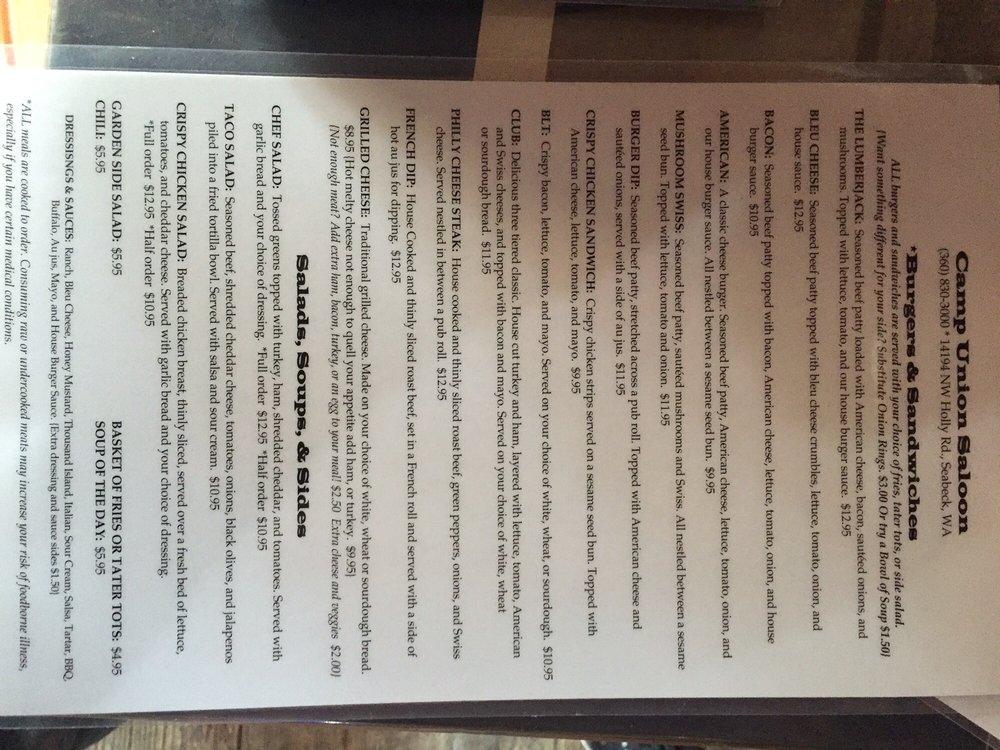 Menu at Camp Union Saloon pub & bar, Seabeck, NW Holly Rd