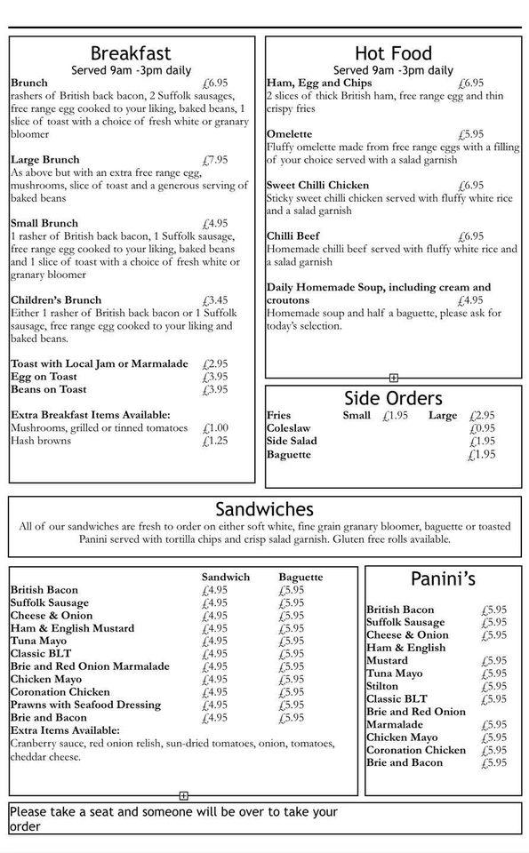 Menu at EmZo Gift Home And Café restaurant, Bacton
