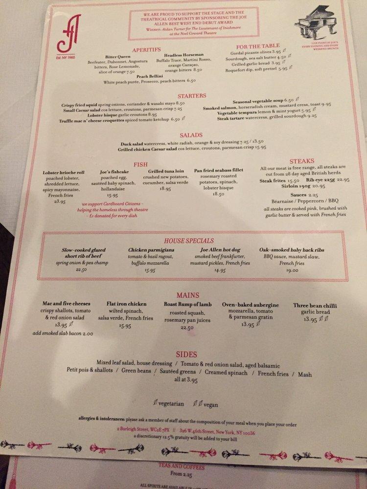 Menu at Joe Allen pub & bar, London