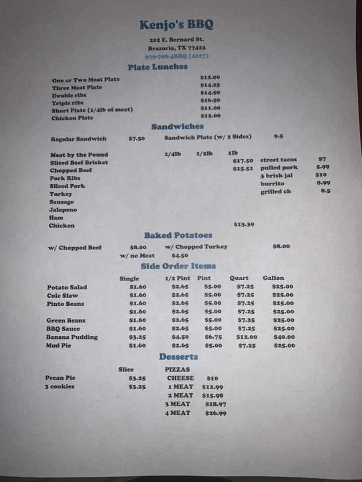 Menu at Kenjo's BBQ, Brazoria
