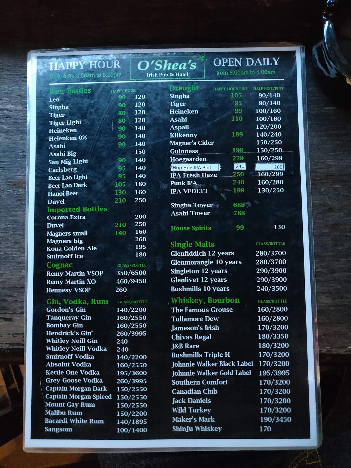 Menu at O'Shea's Irish Pub, Sports Bar & Hotel (Herrity's), Bangkok