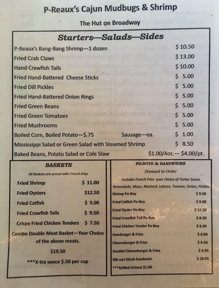 Menu at P-Reaux's Cajun Mudbugs restaurant, Yazoo City