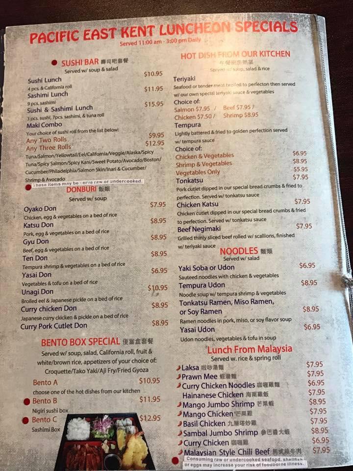 Menu at Pacific East Japanese and Malaysian restaurant, Kent