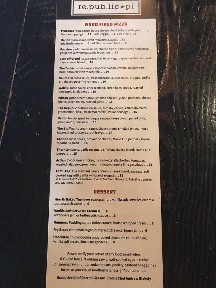 Menu at Republic Pi, Spokane