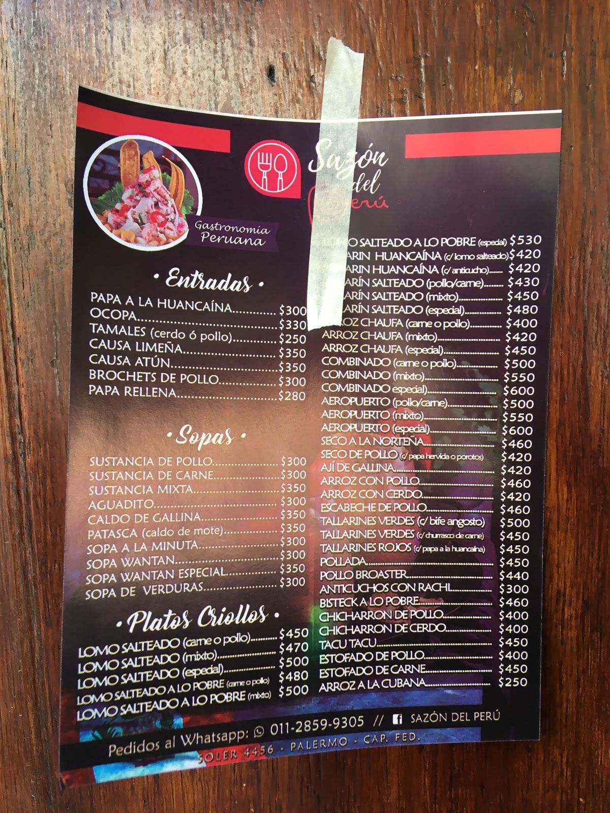 Carta del restaurante Sazón del Perú, Buenos Aires