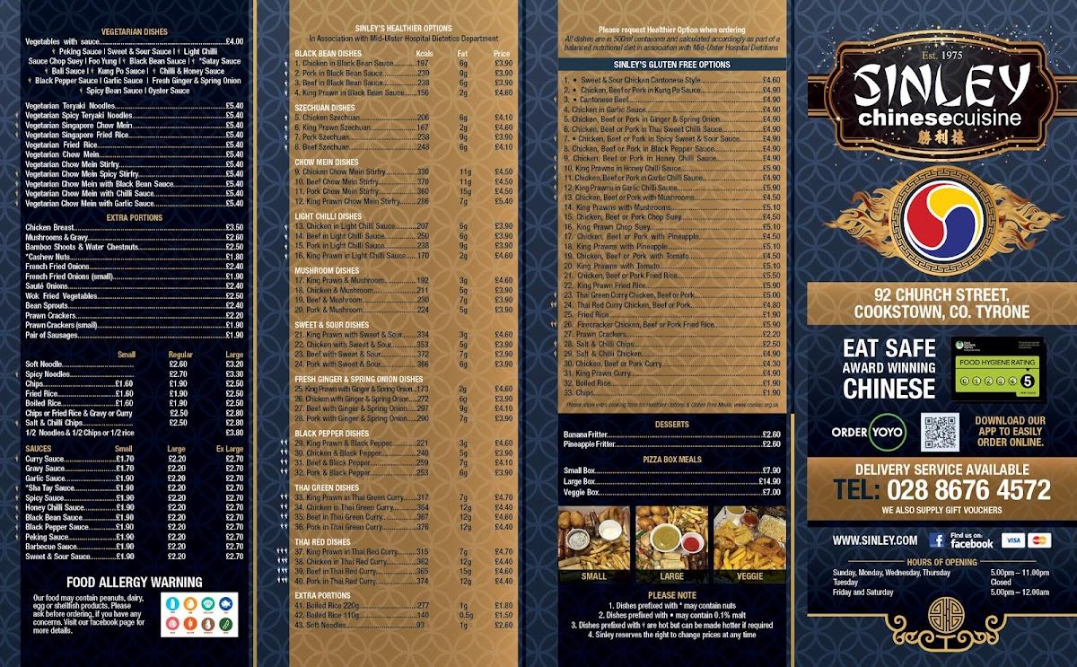 Menu at Sinley fast food, Cookstown