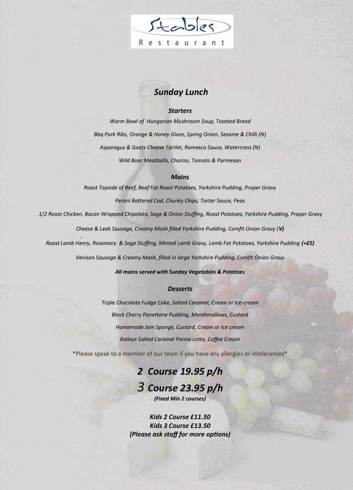 Menu at Stables Bistro restaurant, Hyde