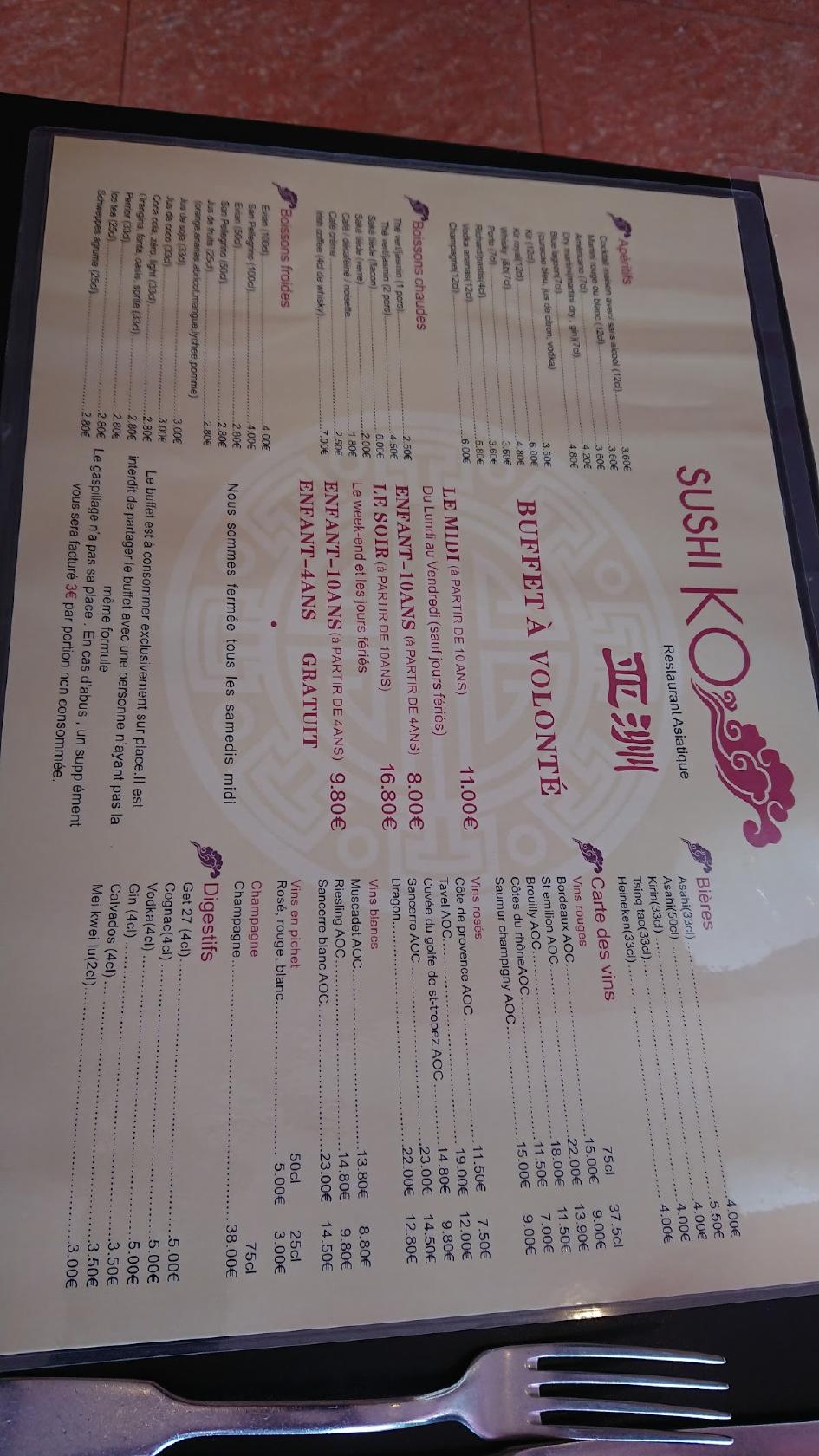 Menu at Sushi Ko restaurant, Chaumontel