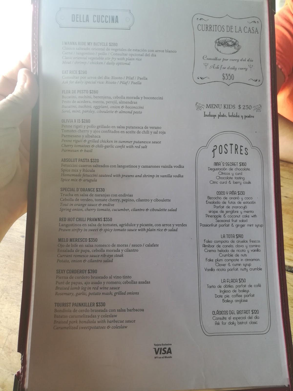 Menu at Tinto Bistro restaurant, Villa La Angostura, Av. Arrayanes 305