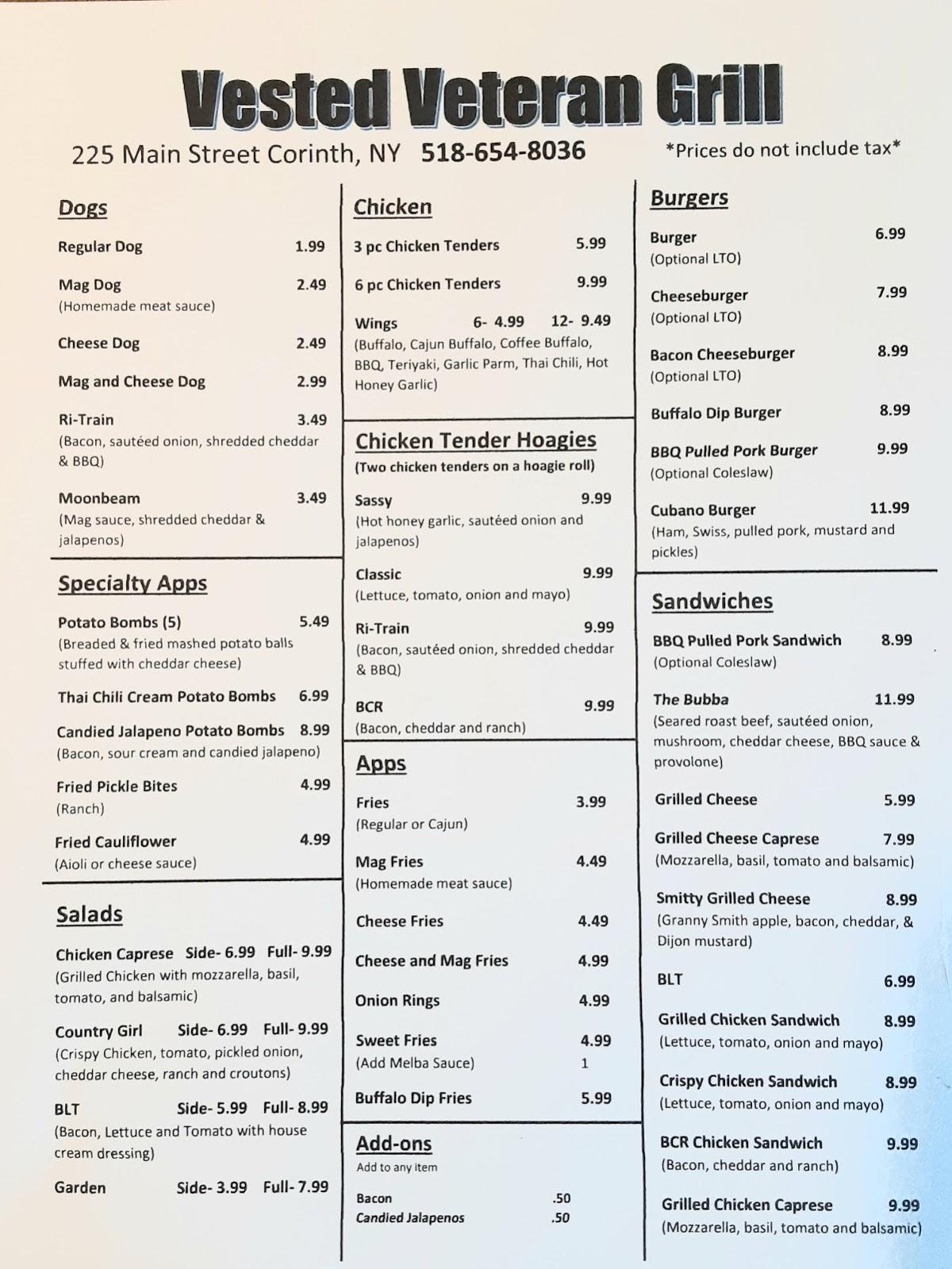 Menu at Vested Veteran Grill restaurant, Corinth