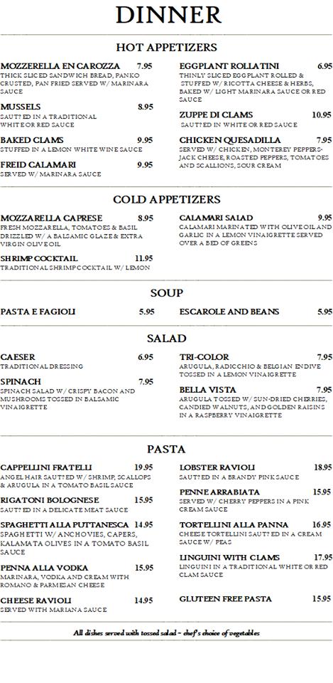 Menu at Bella Vista Ristorante restaurant, West Milford