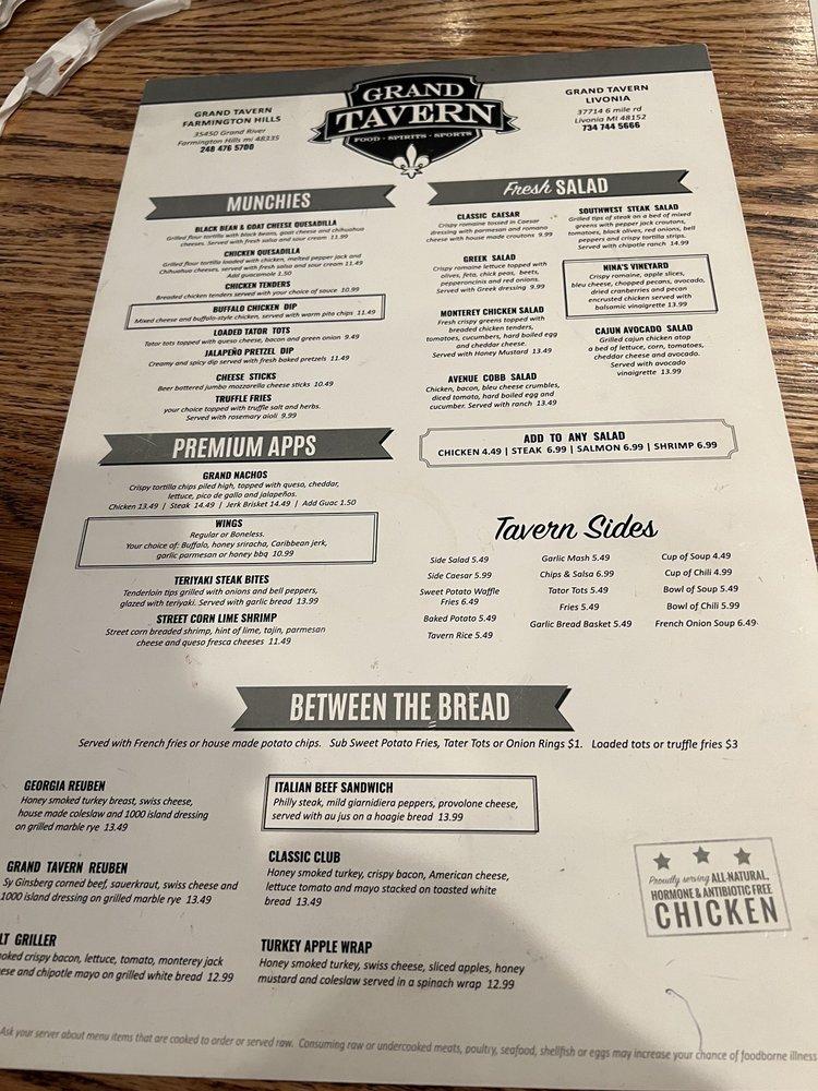 Menu at Grand Tavern Livonia pub & bar, Livonia