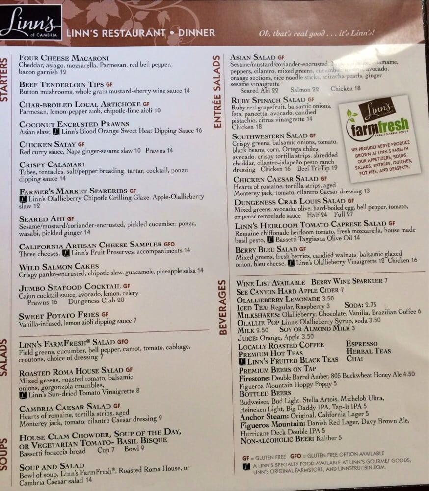 Menu at Linn's Restaurant, Cambria
