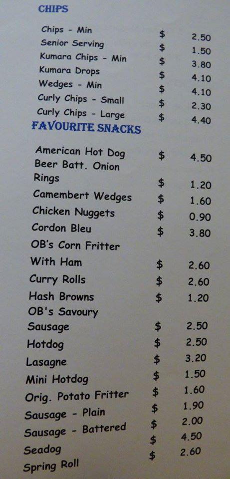 Menu at Ocean Beach Takeaways Dargaville restaurant, Dargaville