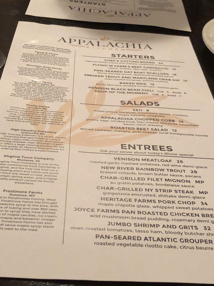 Menu at Appalachia Kitchen restaurant, Snowshoe