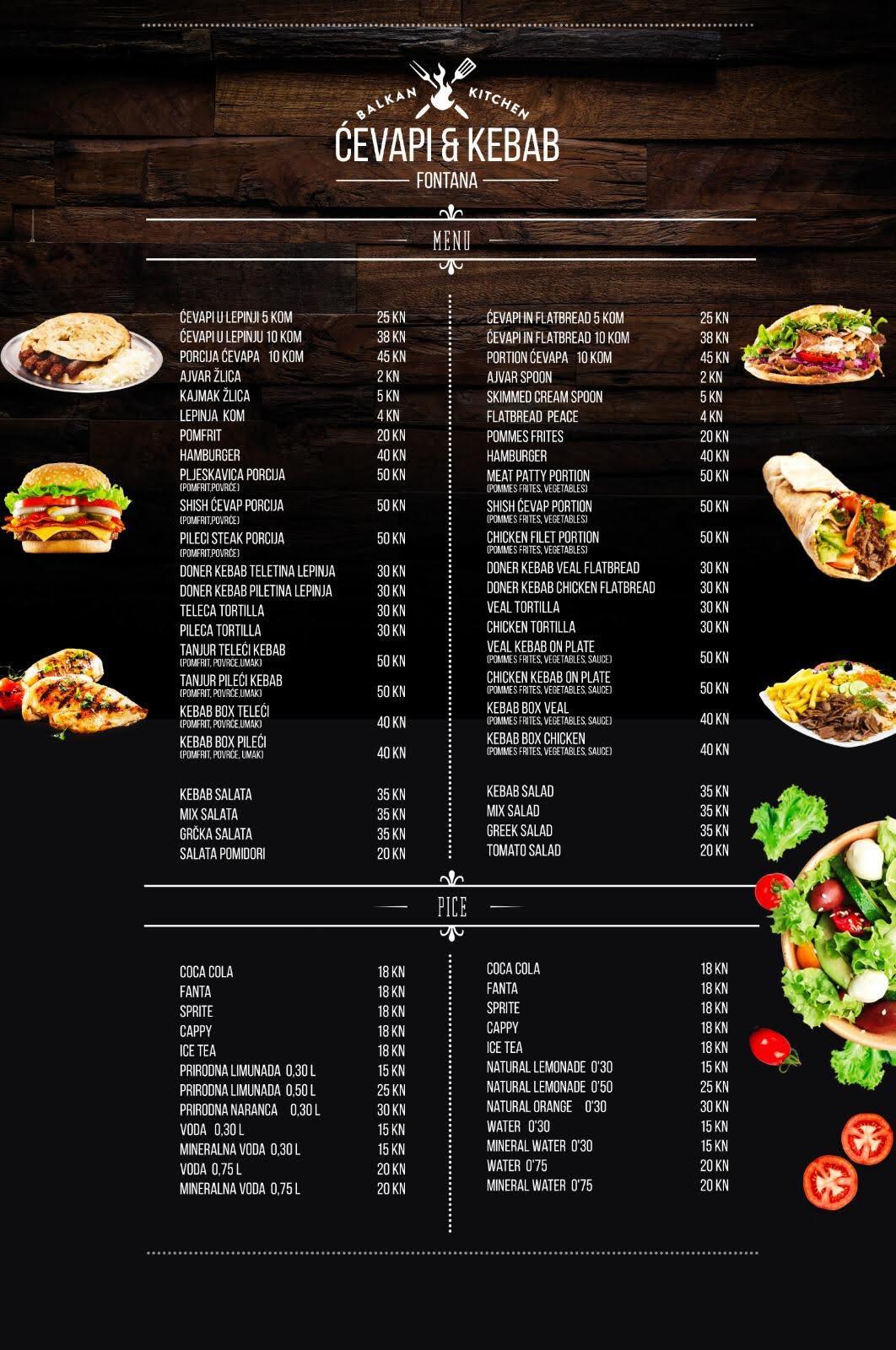 Menu at Balkan Kitchen Ćevapi & Kebab Fontana restaurant, Split