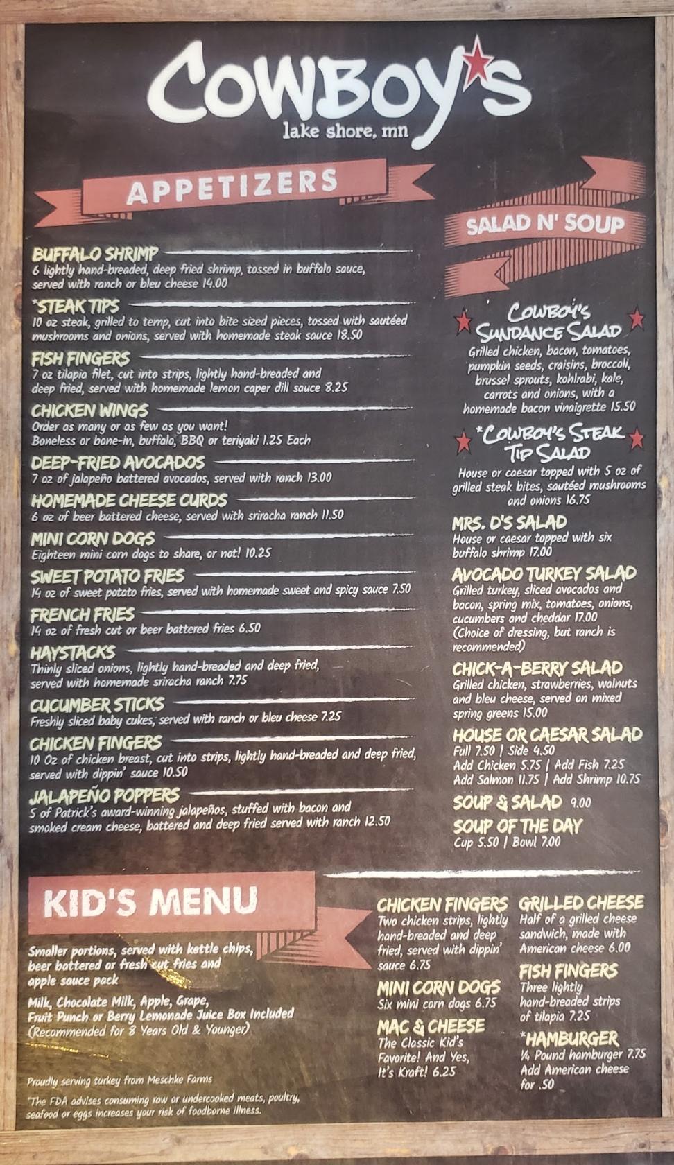 Menu at Cowboy*s pub & bar, Lake Shore