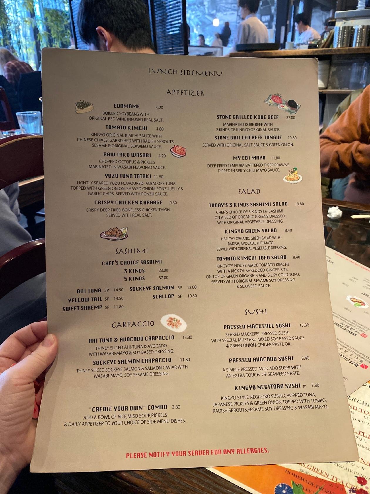 Menu at Kingyo restaurant, Vancouver