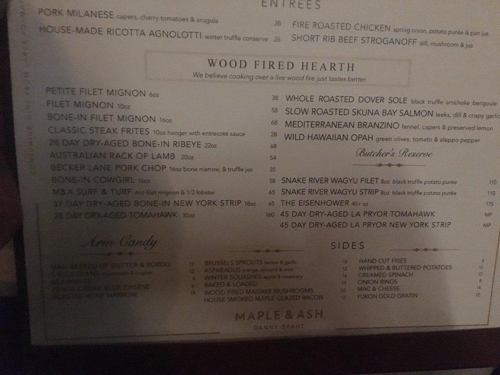 Menu at Maple & Ash steakhouse, Chicago
