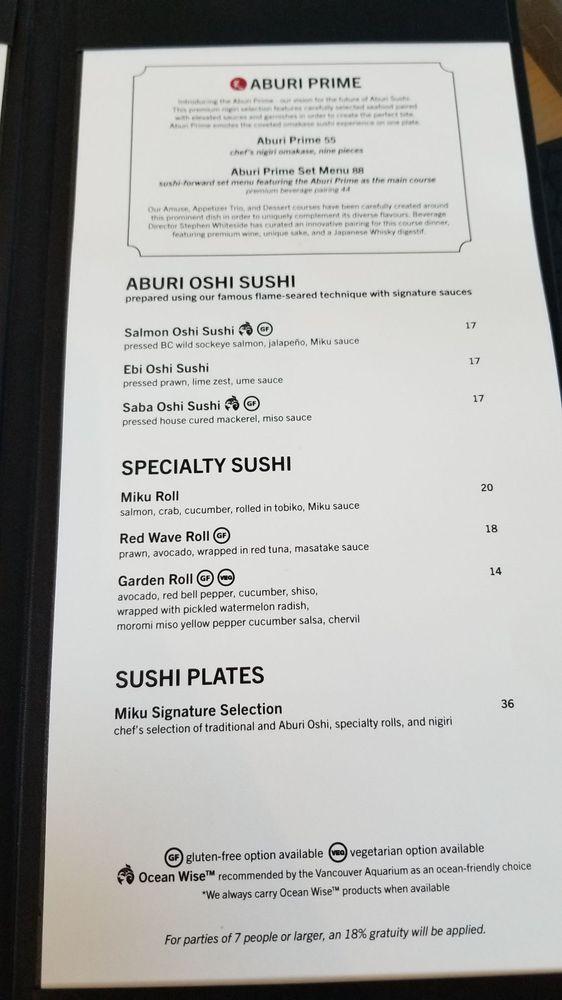 Menu at Miku Vancouver restaurant, Vancouver