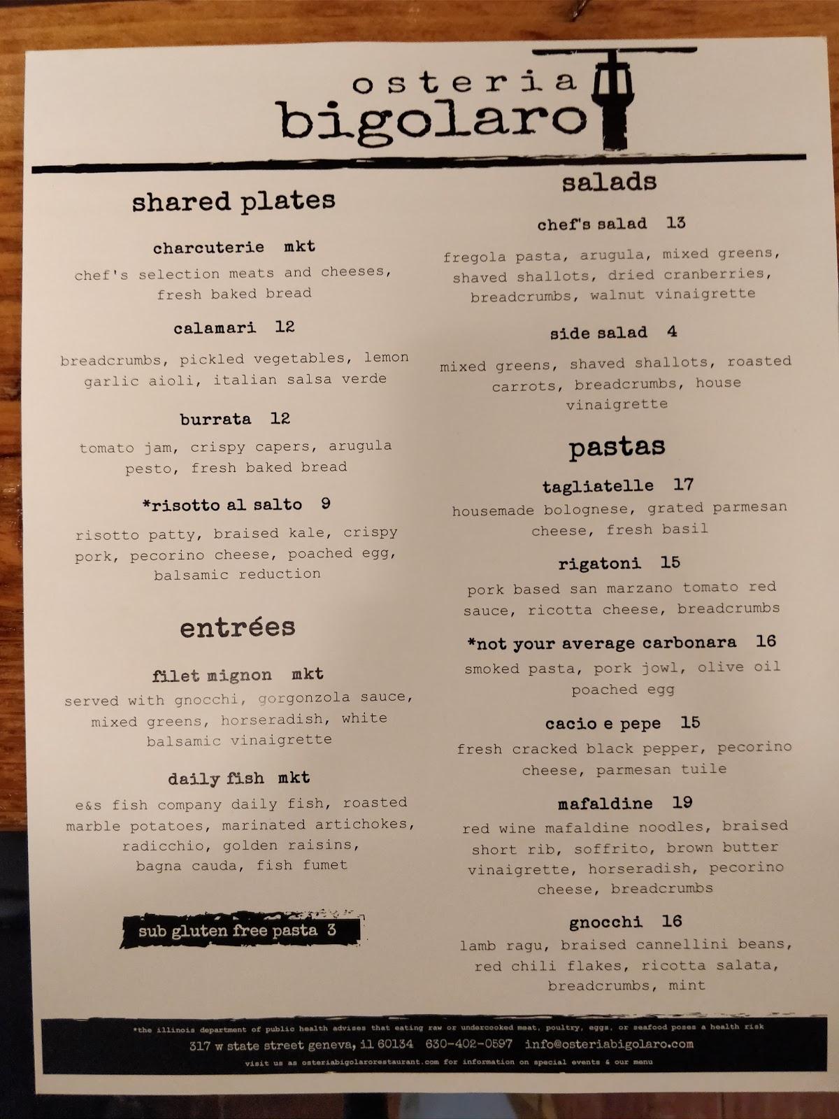 Menu at Osteria Bigolaro restaurant, Geneva