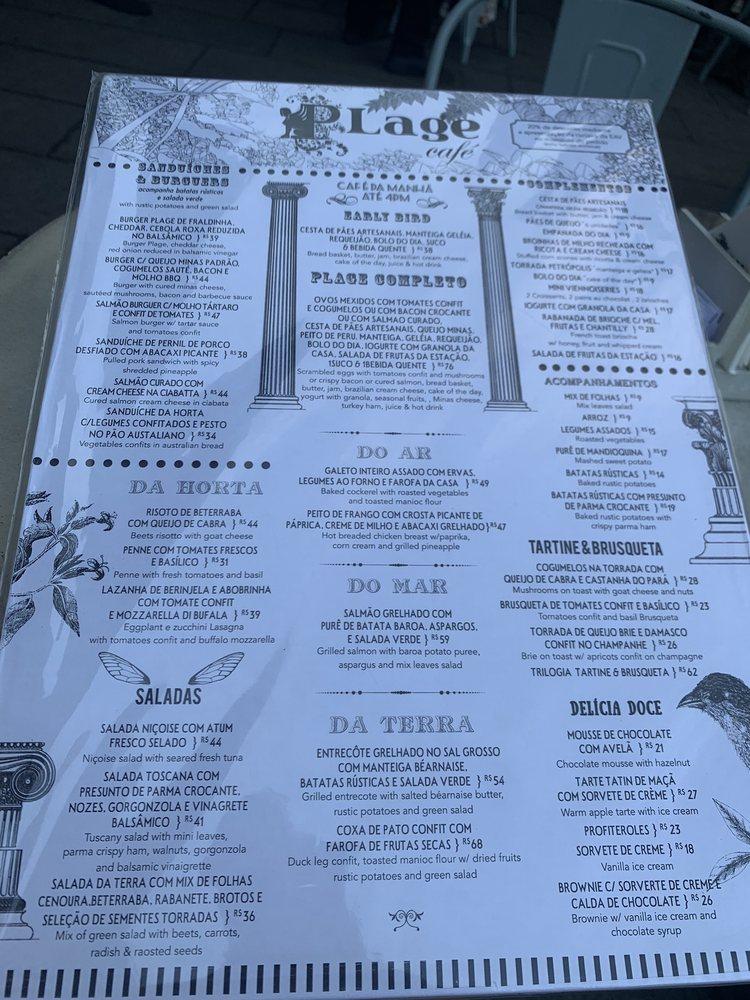 Menu at Plage Café, Rio de Janeiro
