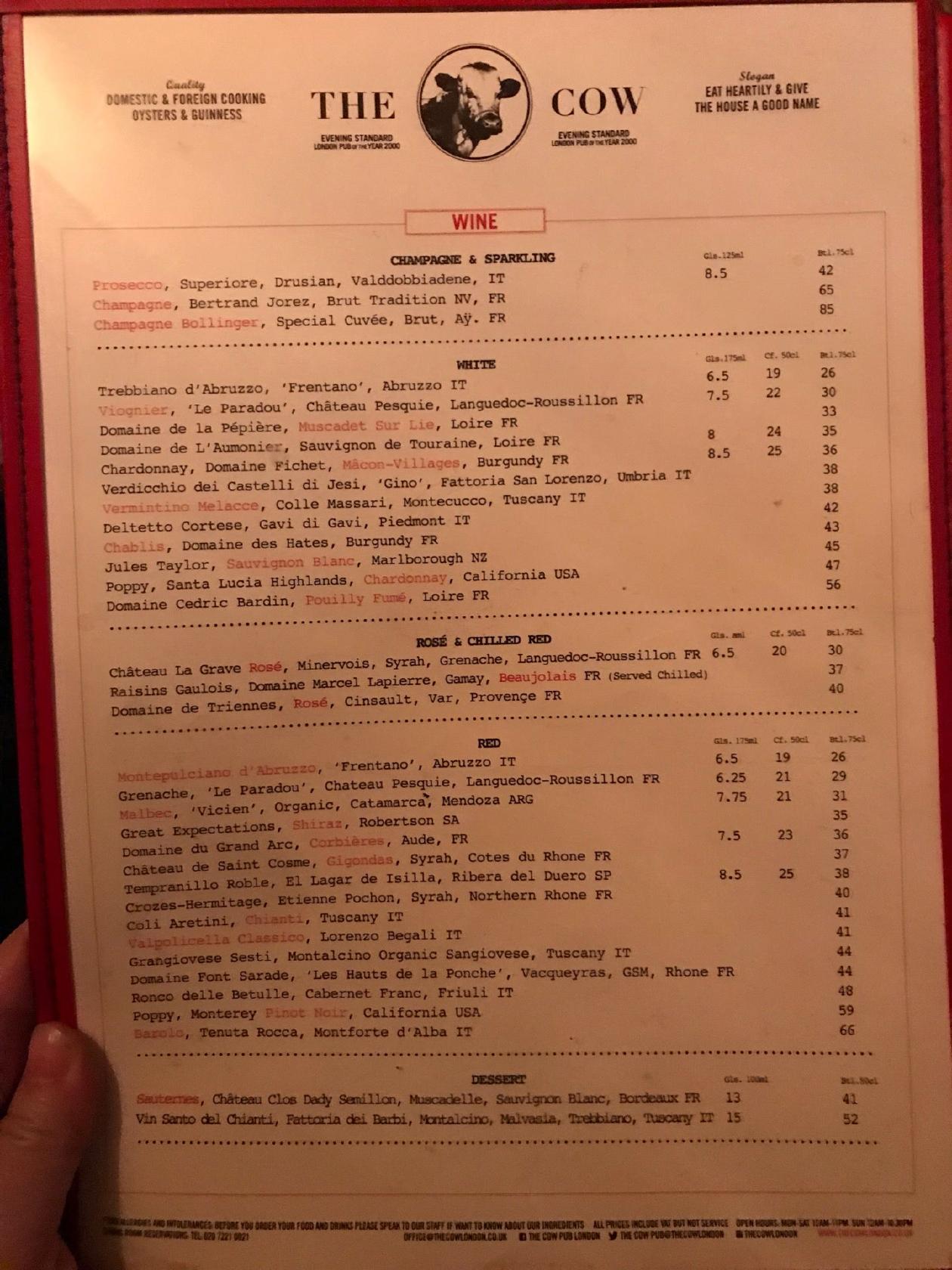 Menu at The Cow pub & bar, London, 89 Westbourne Park Rd