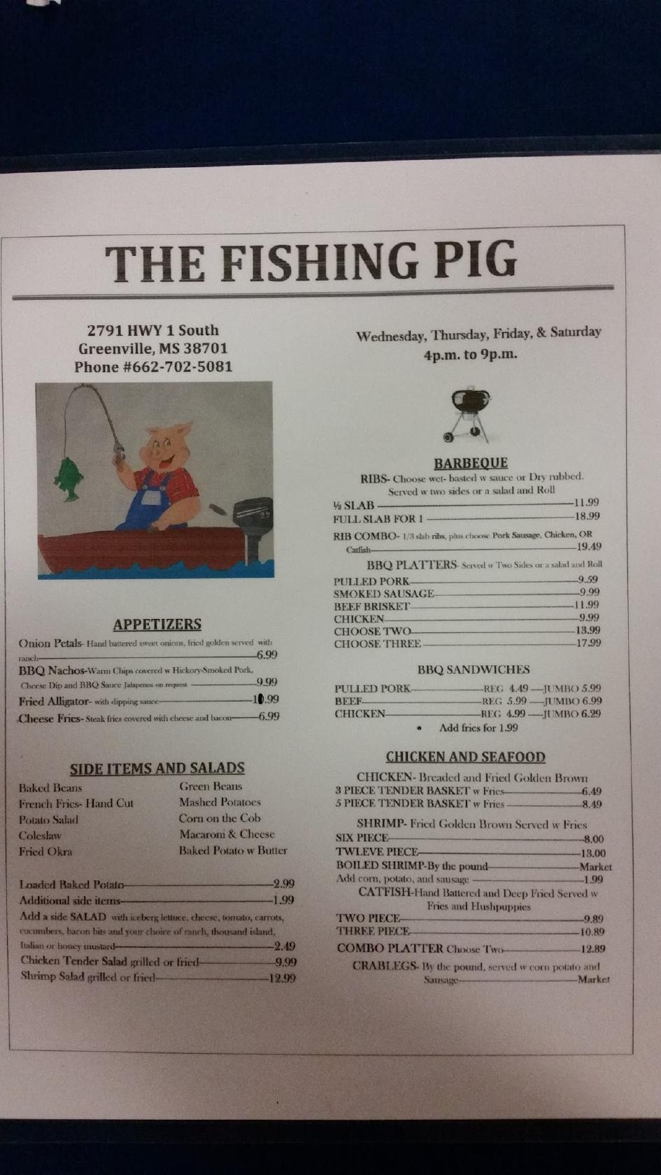 Menu at The Fishing Pig restaurant, Greenville