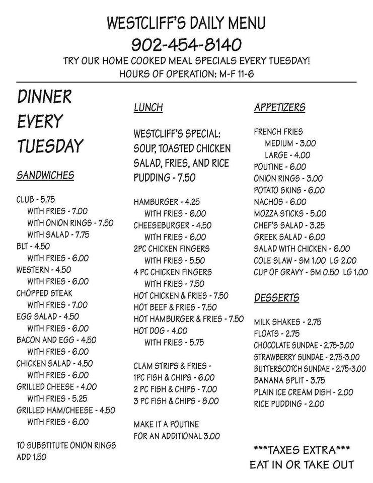Menu at Westcliff Restaurant, Halifax